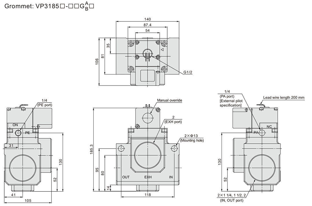 VP3145/3165/3185 Series Large Size 3 Port Solenoid Valve (Rubber Seal ...